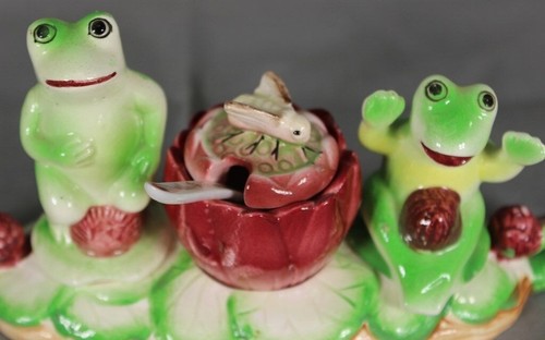 Vtg Shafford China Frog Condiment Set Salt Pepper Mustard With Lid ...