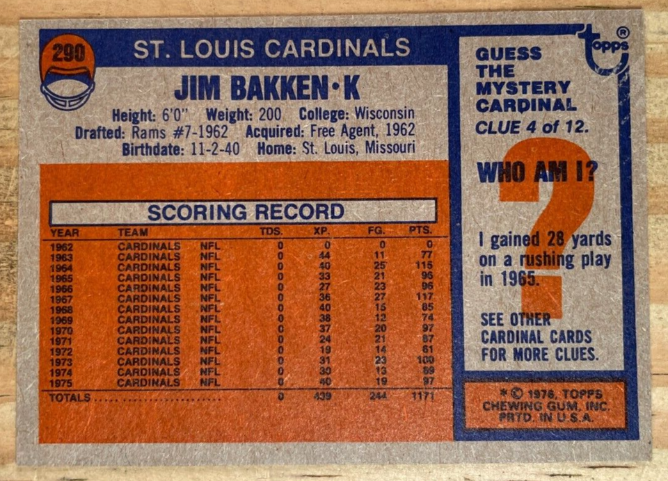 1976 TOPPS JIM BAKKEN CARD#290 ST. LOUIS CARDINALS UNIVERSITY OF ...