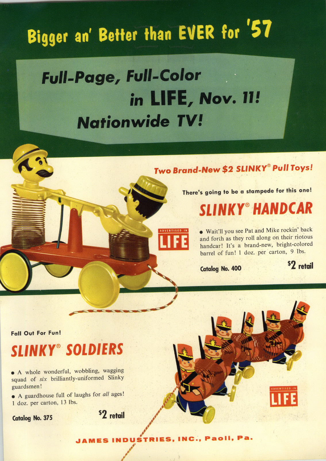 1957 PAPER AD 8 PG James Toy Co Slinky Handcar Soliers Bucko Worm Dog ...