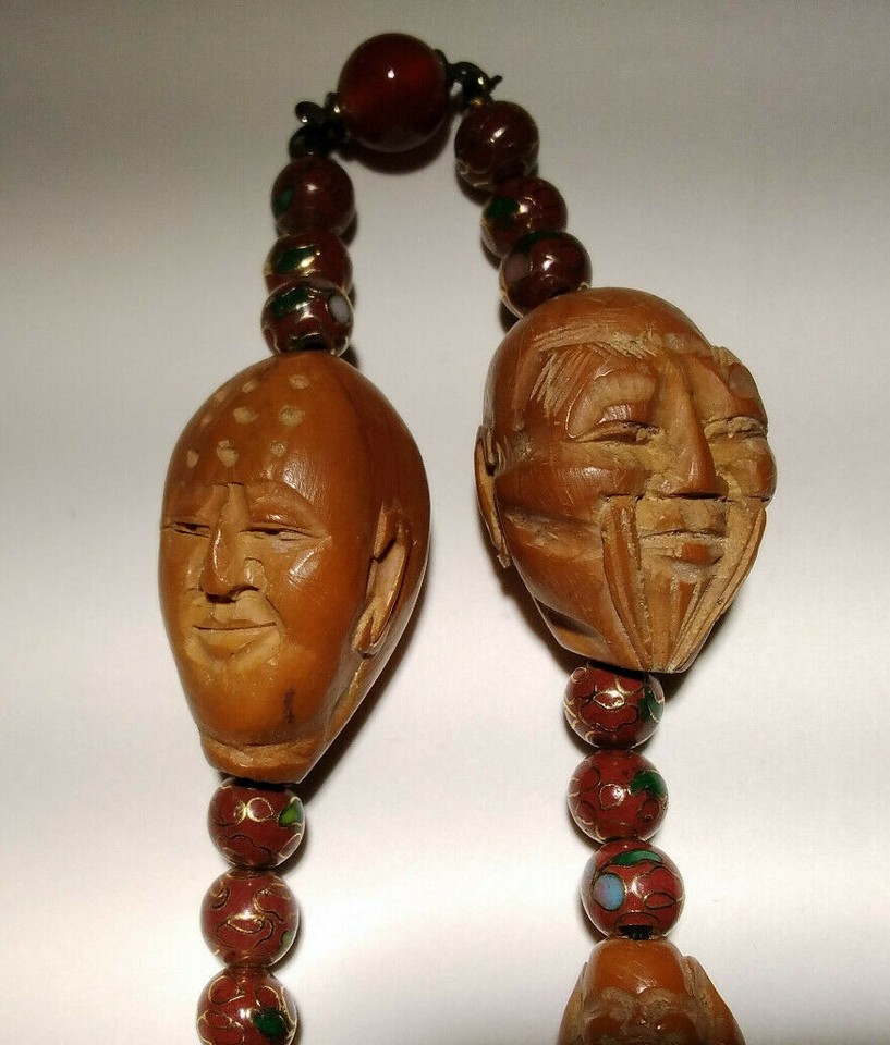Antique Chinese Carved Hediao Nut & Cloisonne Beads Buddha & Immortals ...