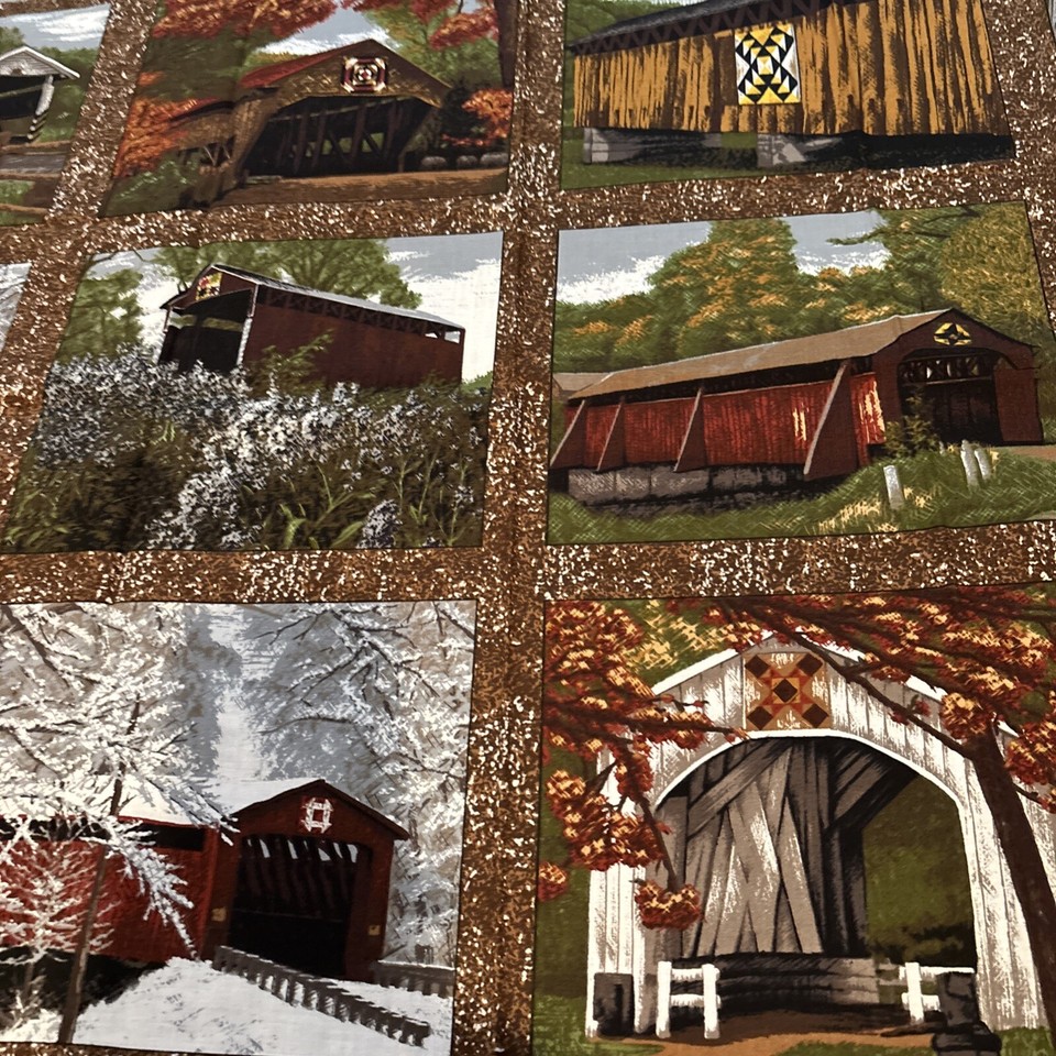 “Barns + Bridges” Fabric Panel And Print And Stripe Fabrics | eBay