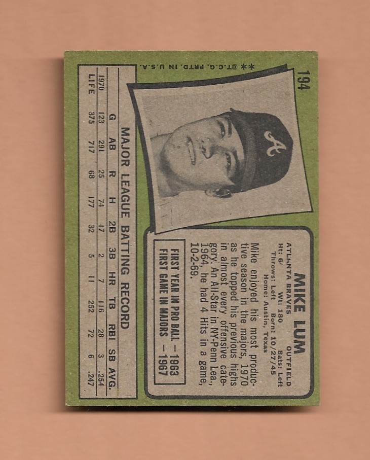 1971 TOPPS MIKE LUM BASEBALL CARD #194 - EX-MT CONDITION - ATLANTA ...