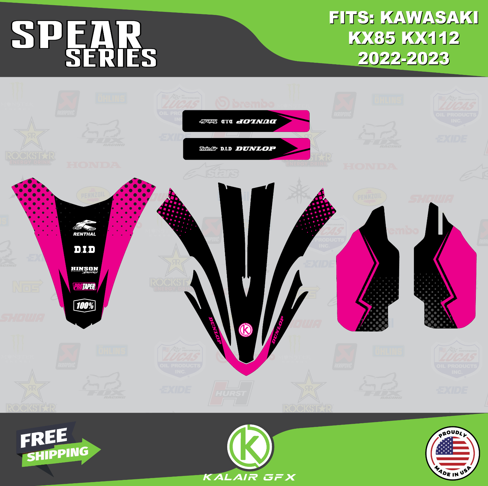 Graphics Kit for KAWASAKI KX85 KX112 2022 2023 Spear Series - Magenta ...