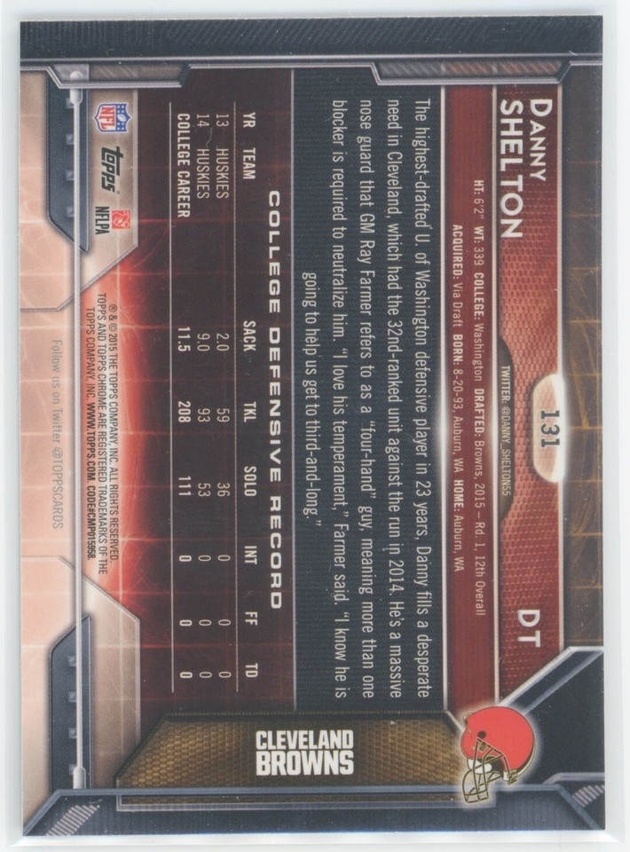 DANNY SHELTON 2015 TOPPS CHROME ROOKIE DIAMOND REFRACTOR SP #131 RC | eBay