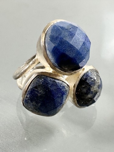 Vintage 925 Sterling Silver 3 Faceted Lapis Lazuli Sand Cast Texture ...