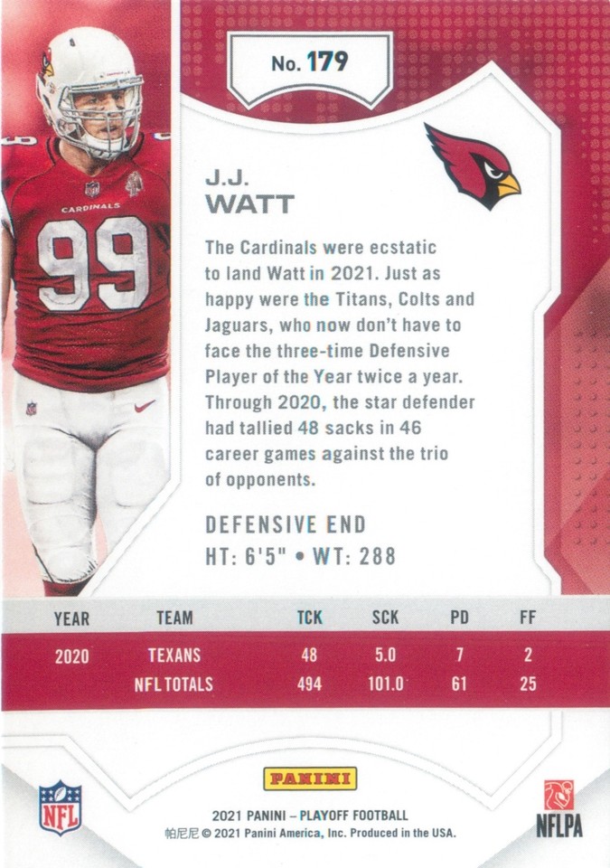 J.J. Watt 2021 Panini Playoff Football NFL Base Card #179 Arizona ...