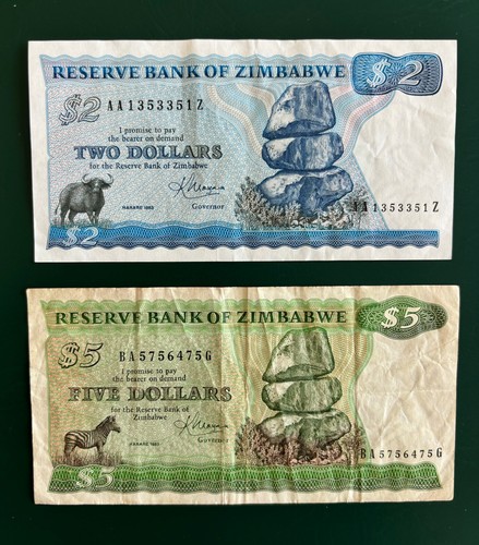 Zimbabwean banknotes (2) $2 and $5 notes - 1980-1994 pre-inflation era ...