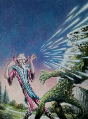 original fantasy acrylic painting wizard art monster sorcerer magician ...