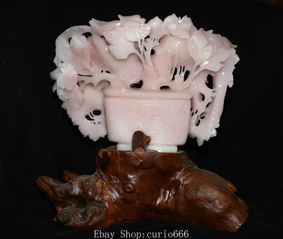 14'' China Natural Pink Xiu Jade Carved Flowers Bird Animal Flower Pot ...