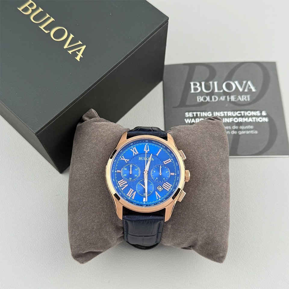 Bulova Wilton 97B170 Men's Chronograph Blue Dial Leather Quartz Watch ...