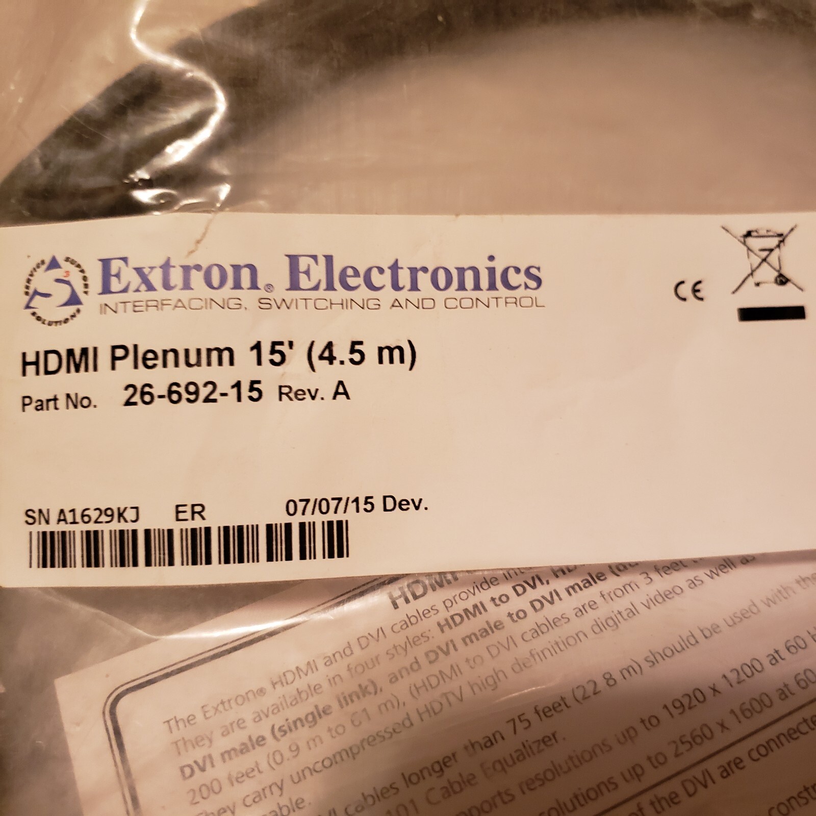Extron HDMI Cable M-m 15' Plenum for sale online | eBay