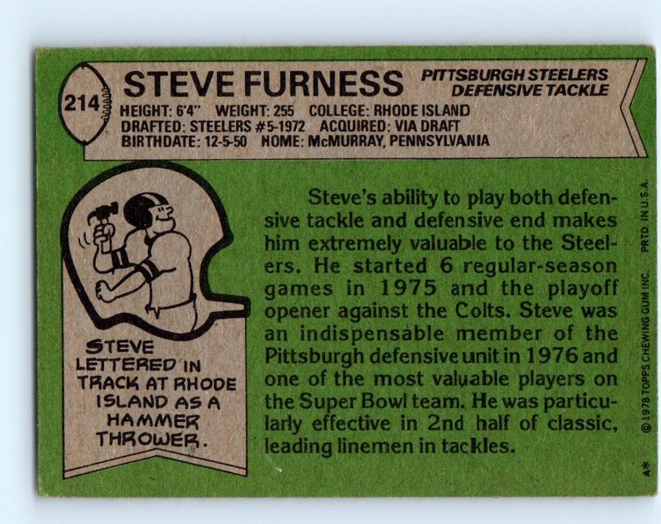 1978 Topps Steve Furness Pittsburgh Steelers #214 | eBay