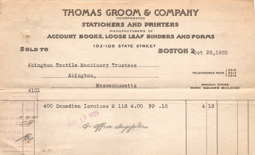 Thomas Groom & Company Boston MA 1925 Billhead Stationer & Printer | eBay