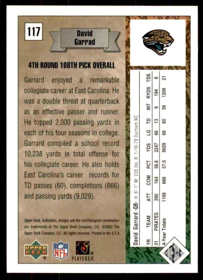 2002 Upper Deck Star Rookie David Garrad 0104/1000 Jacksonville Jaguars ...