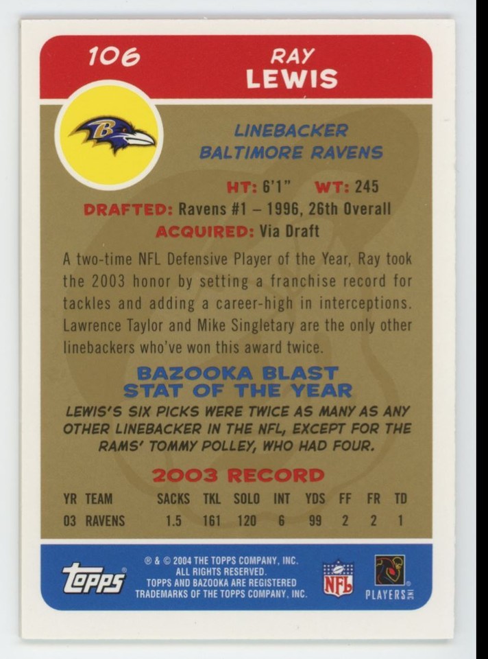 2004 Bazooka Ray Lewis Baltimore Ravens #106 | eBay