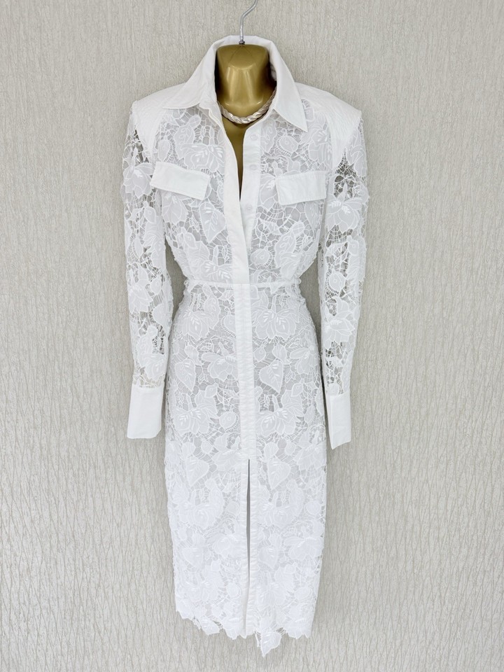 Exquisite Karen Millen White Lace Strong Shoulder MIDI Shirt Dress UK8 ...