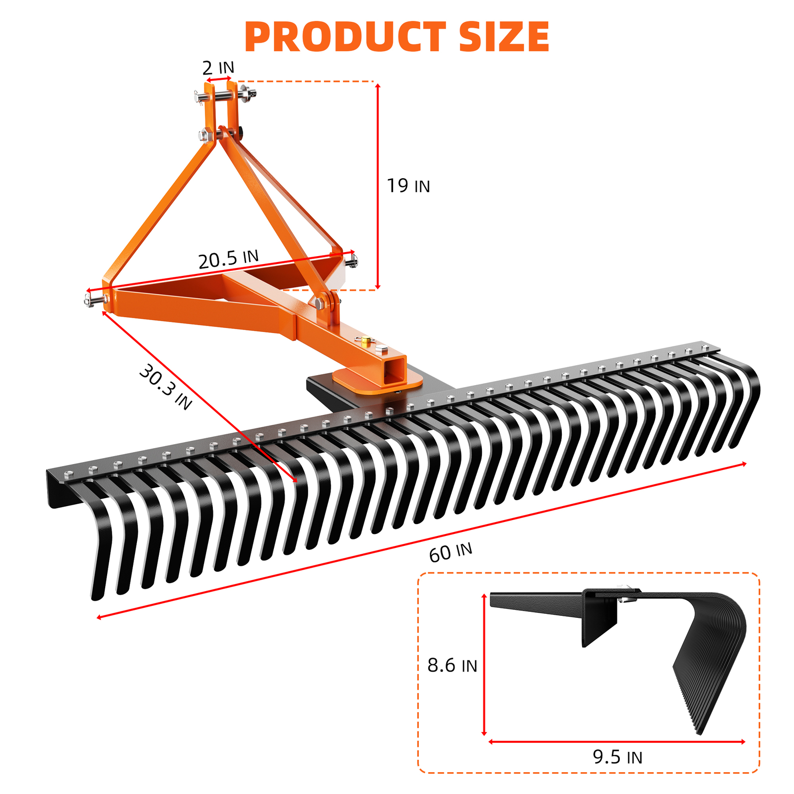 60'' 3 Point Landscape Rock Rake Fit For Category 1 Compact Tractors ...
