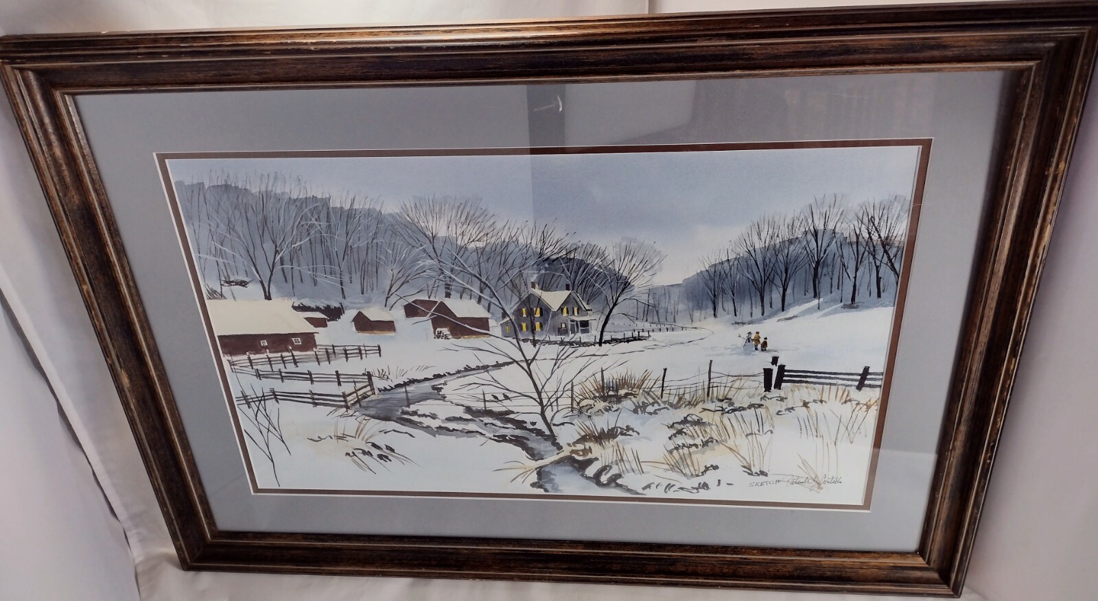 Vintage Patrick J Costello Signed Sketch Winter Snowman Farm Scene ...