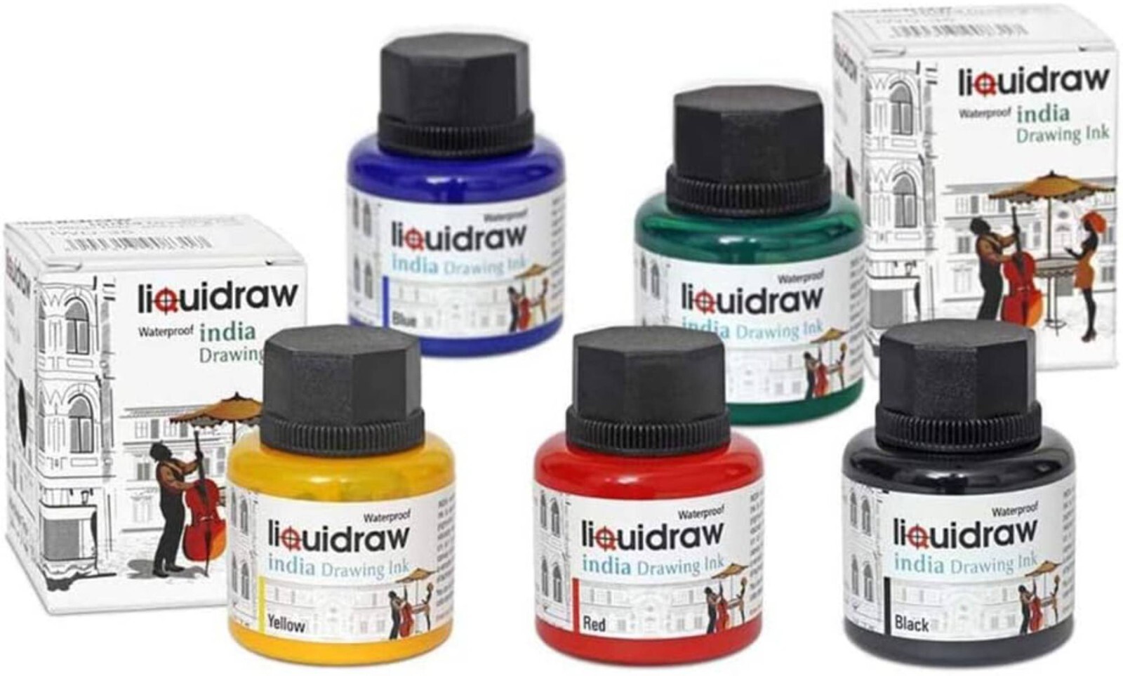 Liquidraw Coloured Drawing Ink Set India Ink, Waterproof, 5 Assorted ...