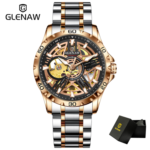 GLENAW Men's automatic mechanical watch skeleton tourbillon luxury ...