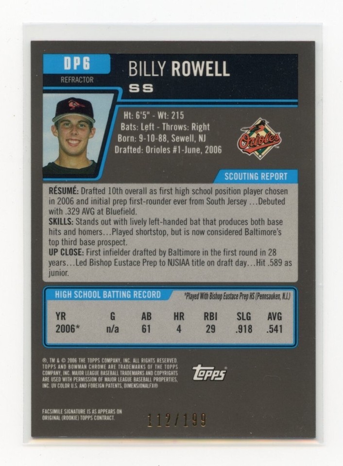 Billy Rowell RC 2006 Bowman Chrome Blue Refractor /199 1st #DP6 Orioles ...
