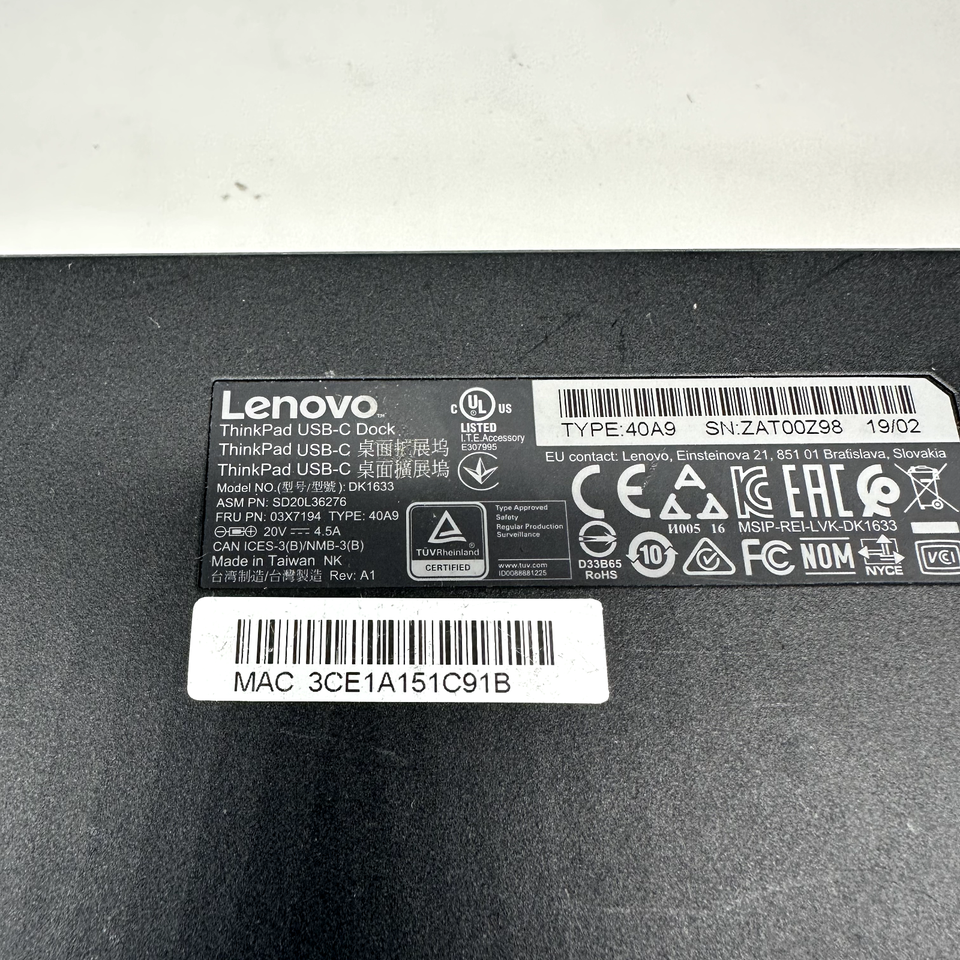 Lenovo ThinkPad USB-C DK1633 Universal Laptop Docking Station No ...