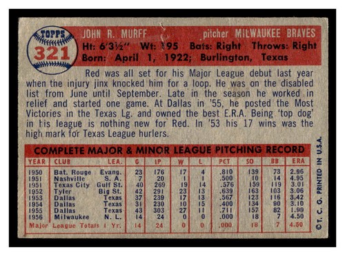 1957 Topps BASEBALL #321 Red Murff Rookie 57T | eBay
