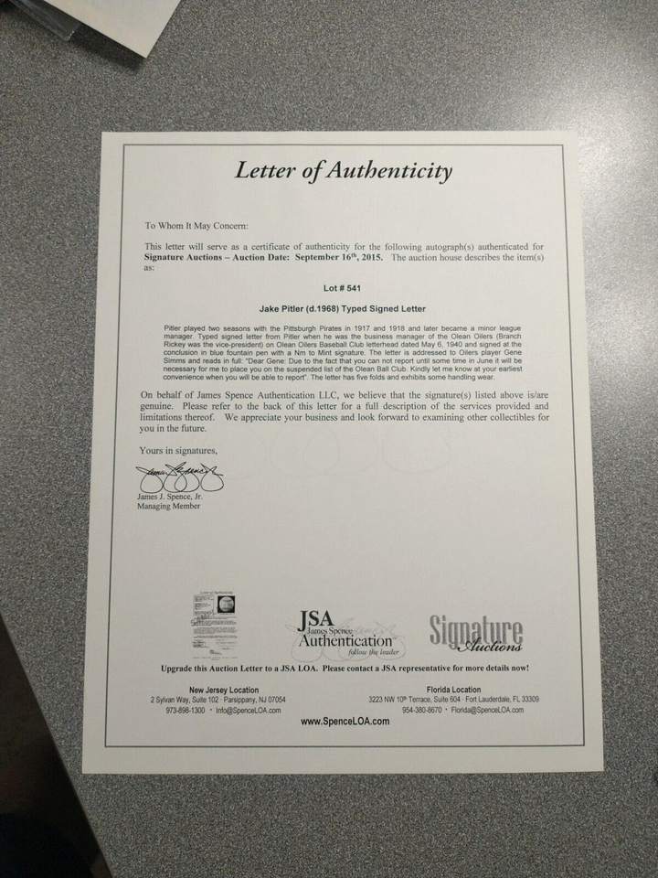 JAKE PITLER 1917 PIRATES DEBUT DODGERS COACH SIGNED AUTOGRAPHED LETTER ...