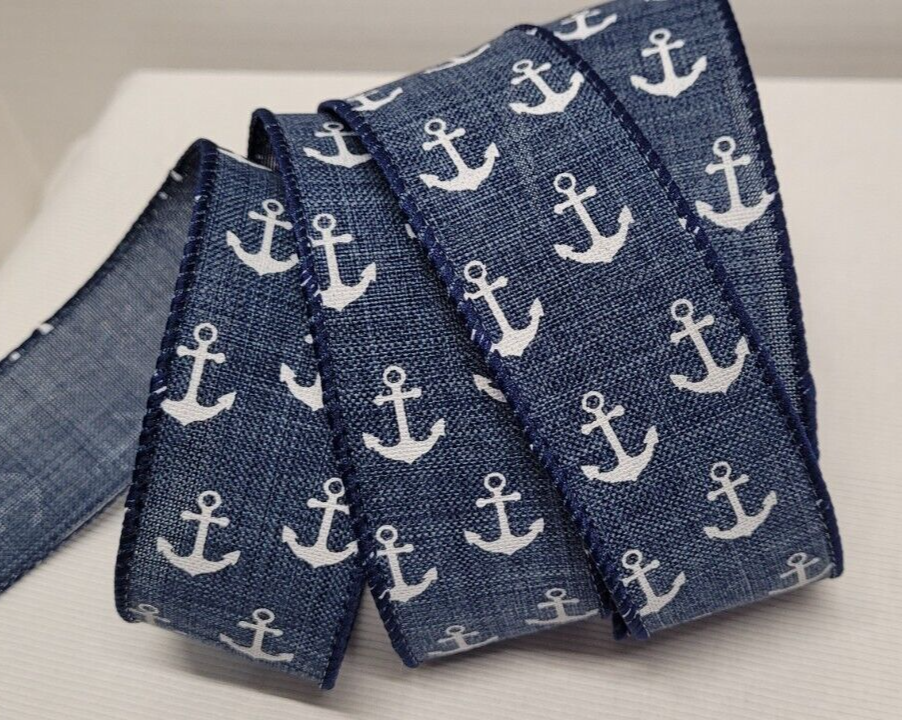 5 Yards Wired Edge Ribbon 1 1/2" Wide Navy Blue With White Anchors ...