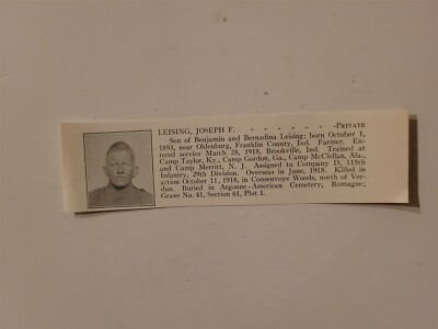 Joseph F. Leising Company D 115th Infantry 29th Division 1921 WW1 Hero ...