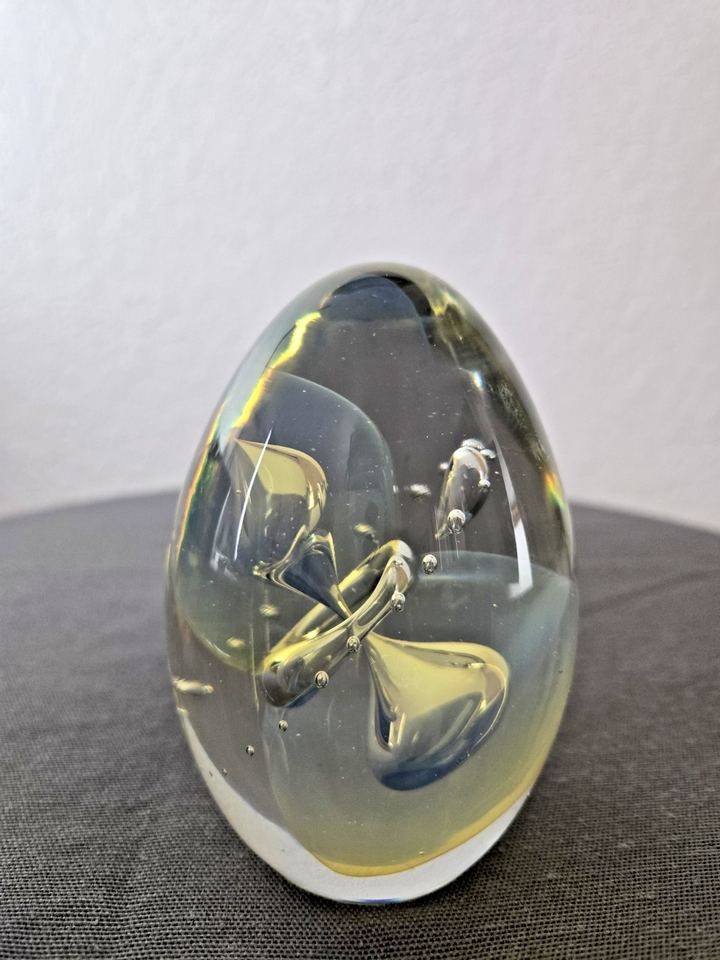 Signed Eickholt Art Glass Egg Paperweight 1986 Blue Yellow Controlled ...