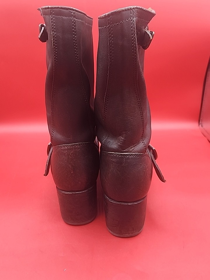 FRYE BROWN LEATHER Block Heel Veronica Short Moto Biker Harness Boots ...