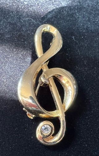 Liz Claiborne “Treble Clef” Gold Tone Rhinestone Brooch Lapel Pin Music ...