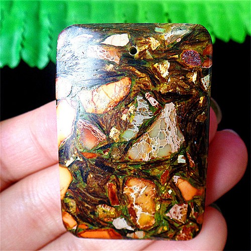 47x32x6mm Orange Gold Sea Sediment Jasper & Pyrite Oblong Pendant ...