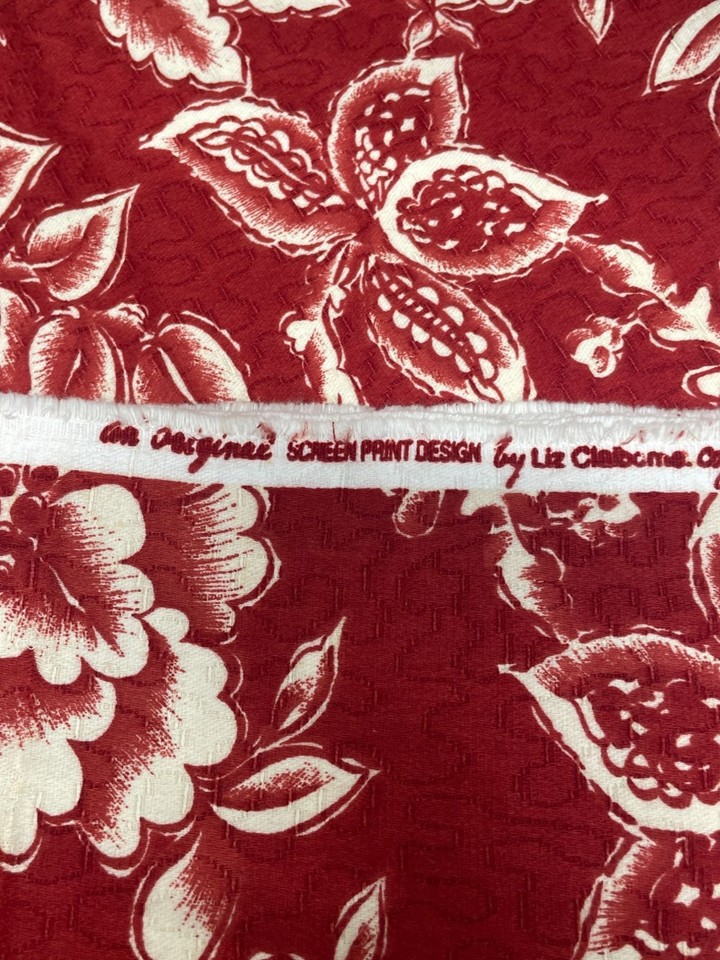 Vintage Liz Claiborne Red White Floral Screen Print Fabric Craft Sewing ...