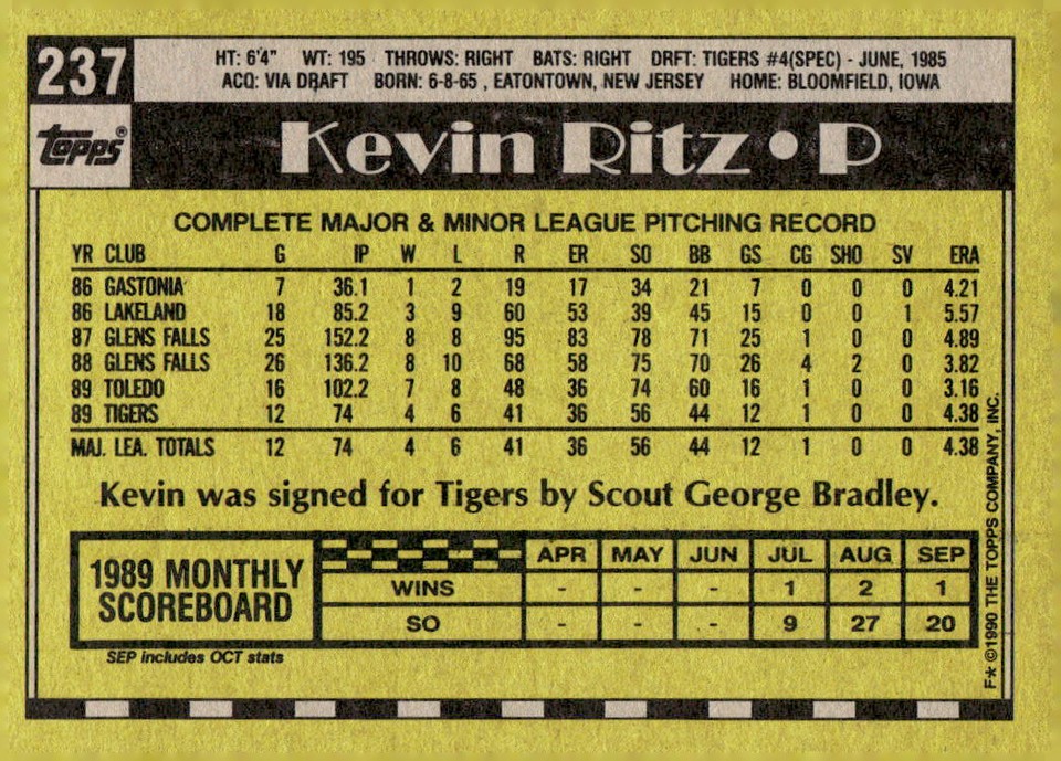 1990 Topps #237 Kevin Ritz - Detroit Tigers | eBay
