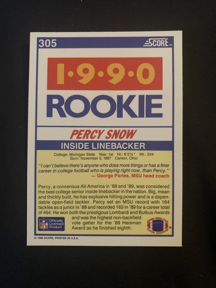 1990 Score Football Card Percy Snow ROOKIE Michigan State #305 | eBay