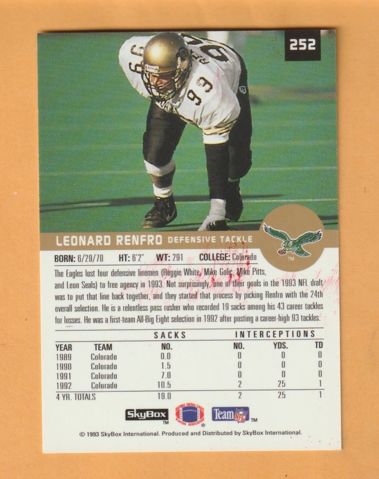 Leonard Renfro Colorado Buffaloes 1993 SkyBox #252 RC Orchard Lake ...