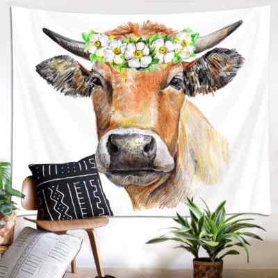 Ox Head White Flowers 3D Wall Hang Cloth Tapestry Fabric Decorations ...