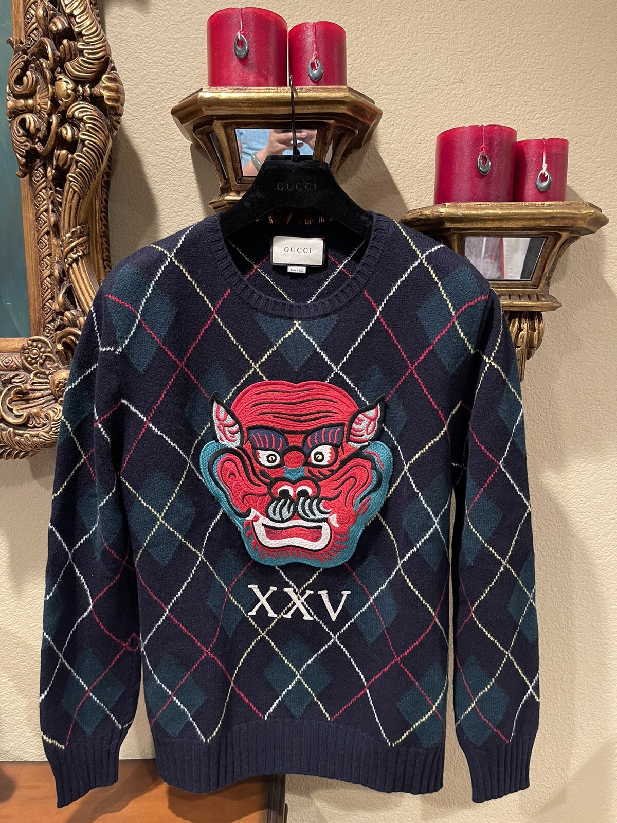 100% Authentic GUCCI Dragon Appliqué Argyle Intarsia… - Gem