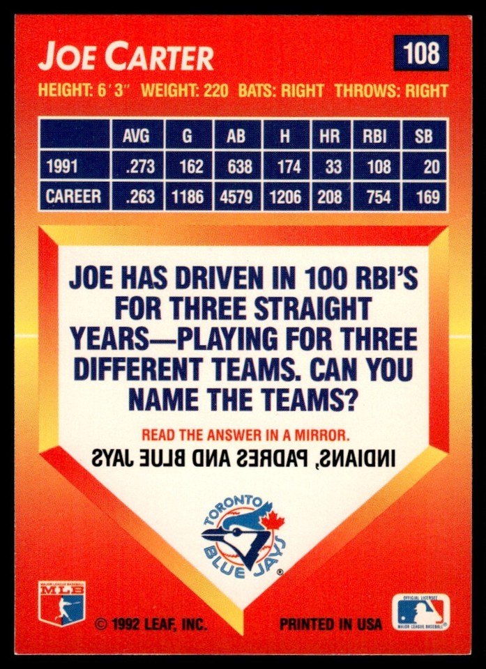 1992 Triple Play Joe Carter Toronto Blue Jays #108 | eBay