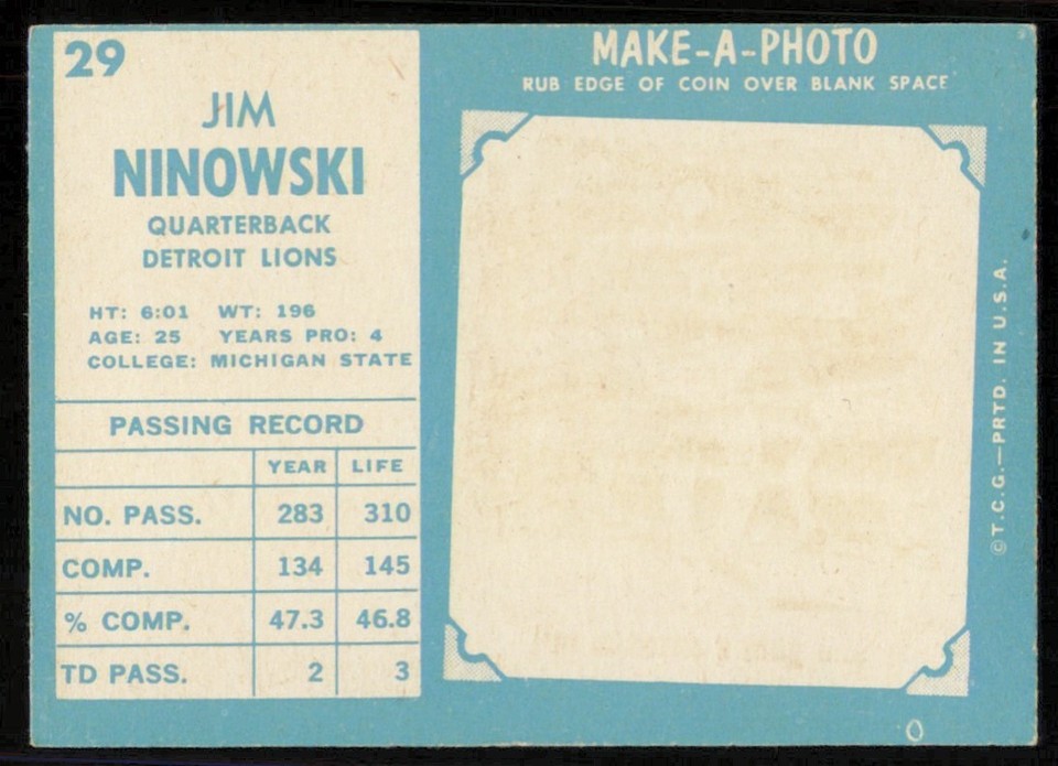 1961 Topps Jim Ninowski Detroit Lions #29 EX (O/C) | eBay
