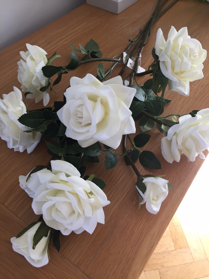 Artificial Soft Touch Flowers Cream Roses X 3 Long Stem Luxury Quality ...