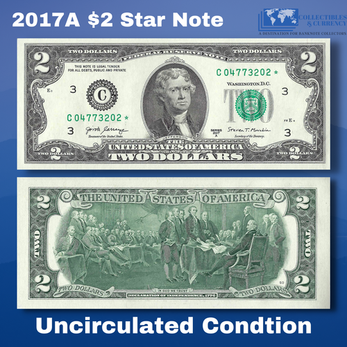One 2017A $2 DOLLAR BILL Star Replacement Notes, Star note, Scarce, UNC ...