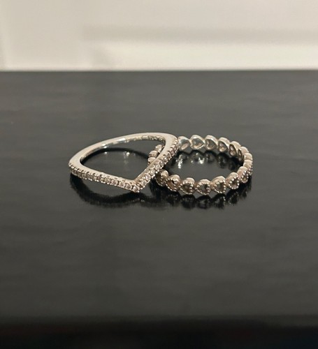 Pandora Wishbone & Band of Hearts Stacking Rings Size 6 | eBay