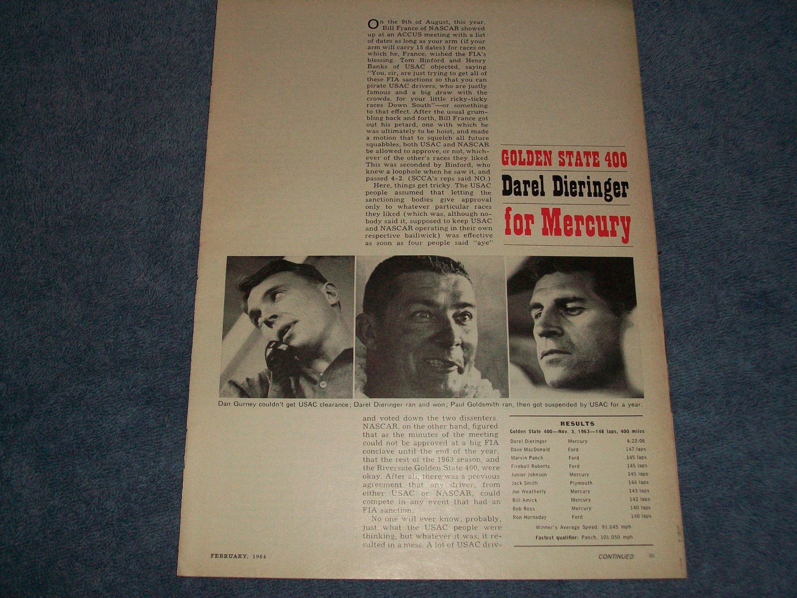 1963 Golden State 400 NASCAR Highlight Vintage Article Darel Dieringer ...