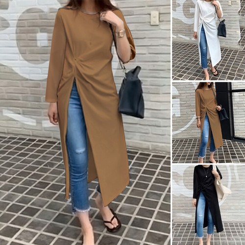 ZANZEA Women Crew Neck Long Sleeve Side Split Shirt Dress High-low ...