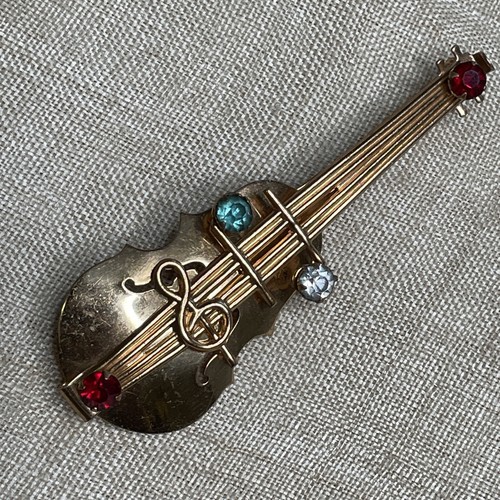 Vintage Gold tone Jeweled Violin Cello Musical Instrument Pin Brooch 3 ...