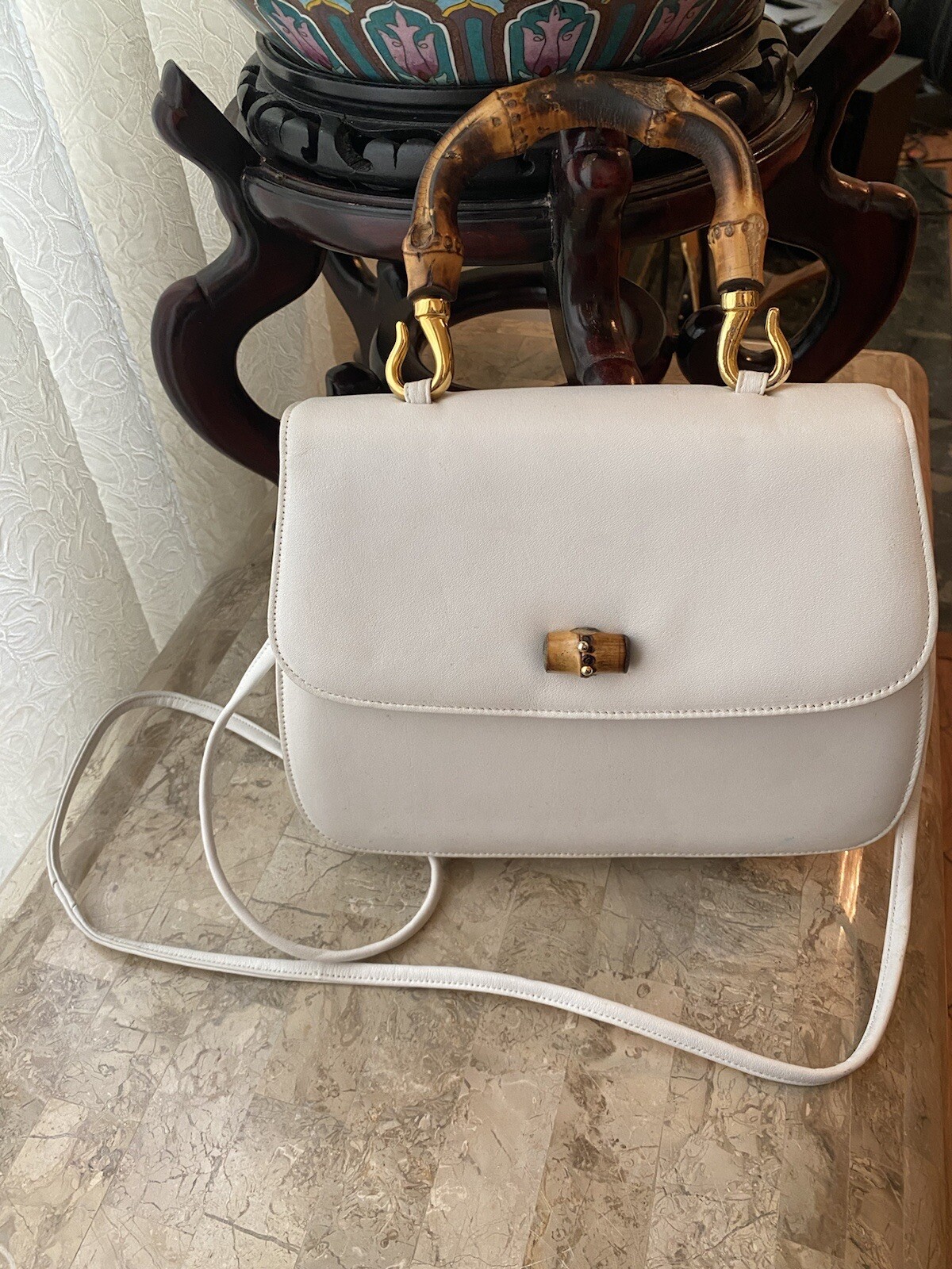 New Vintage Susan Gail Soft White Leather Bamboo Ha… - Gem