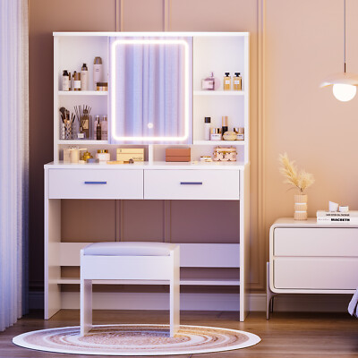 LED Light Dressing Table with 2 Drawers and 4 Open Shelves Vanity Table ...
